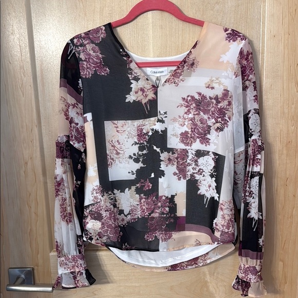 Calvin Klein | Tops | Calvin Klein Floral Patchwork Blouse Black White ...